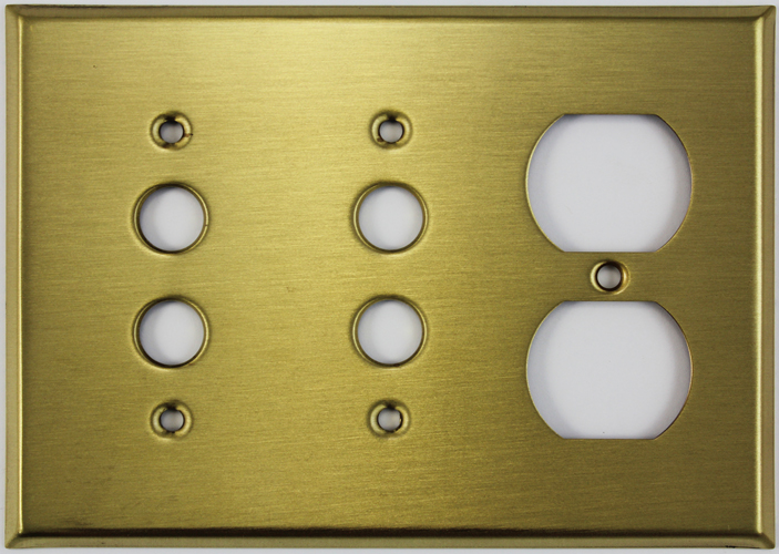Stamped Satin Brass Three Gang Combo Switch Plate - Two Push Button ...